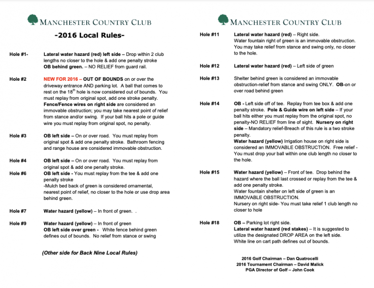 Local Rules, Policies, and Scorecard – Manchester Country Club