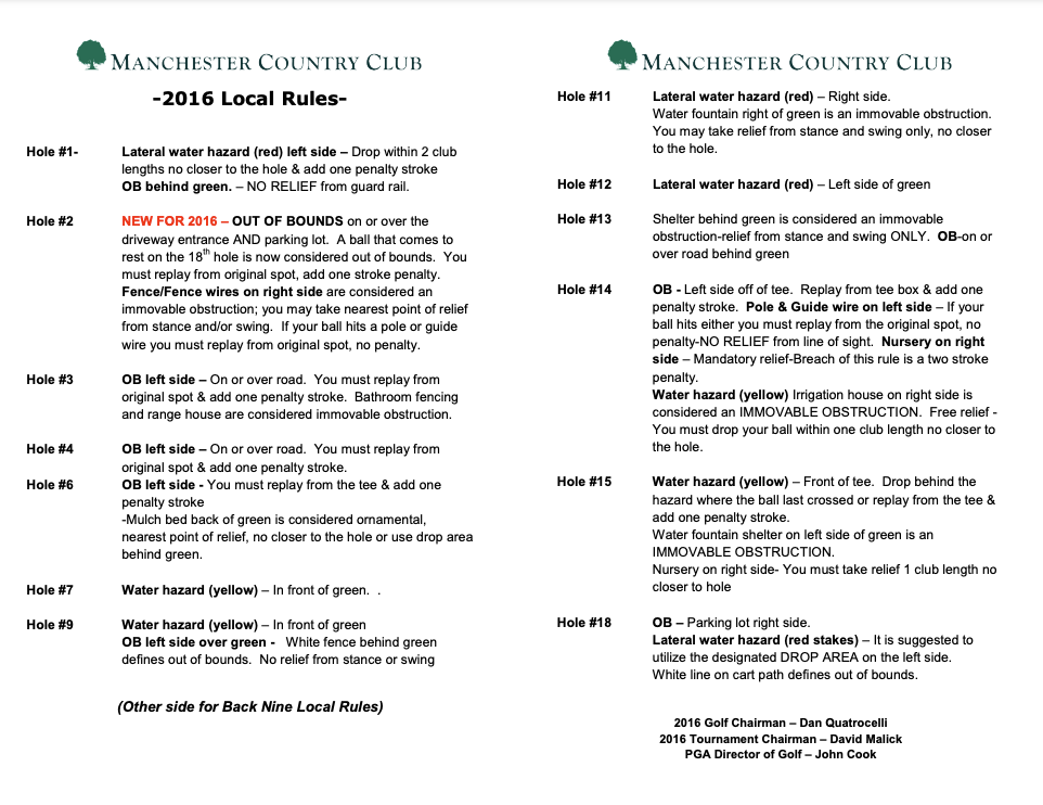 Local Rules, Policies, and Scorecard – Manchester Country Club